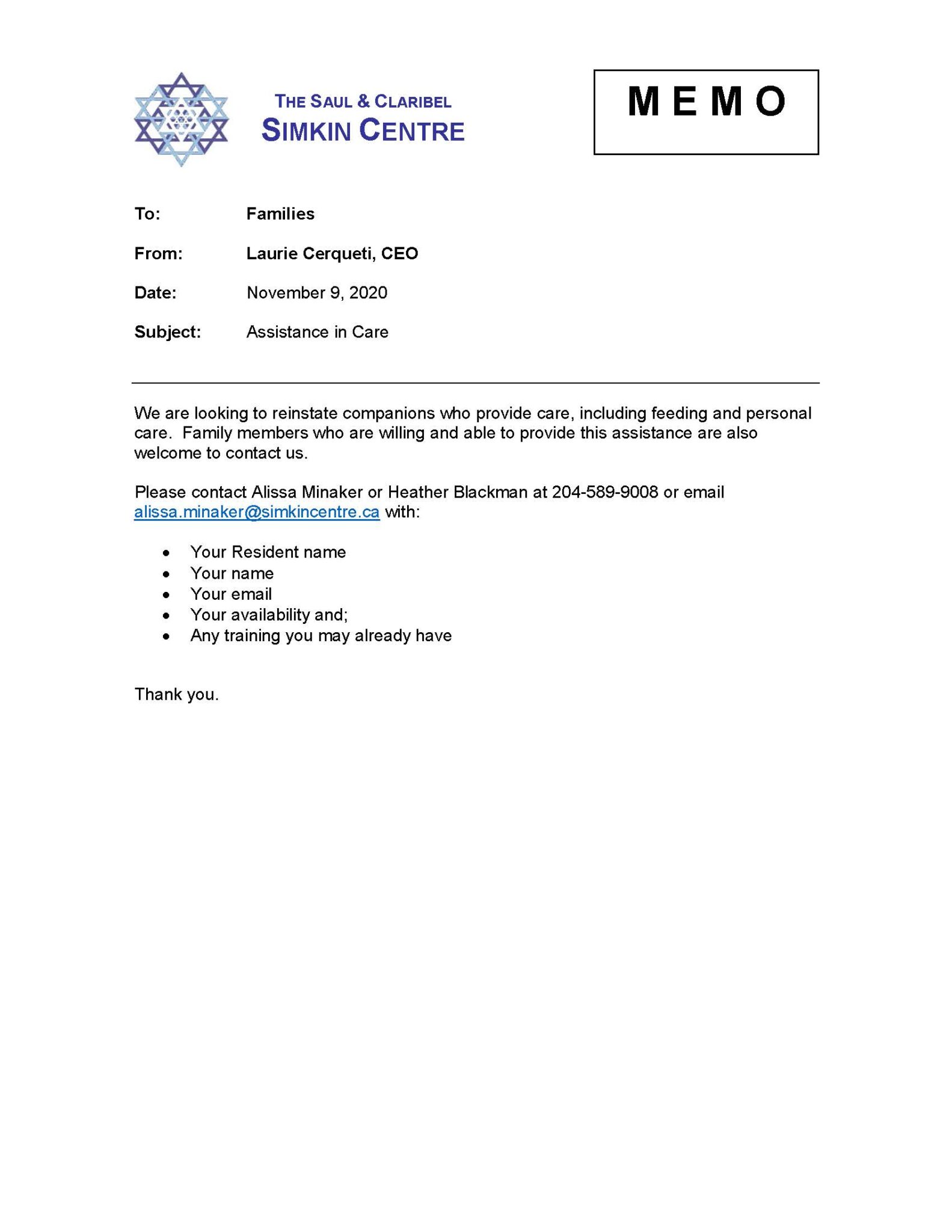 The Saul & Claribel Simkin Centre » Assistance in Care – Memo to ...