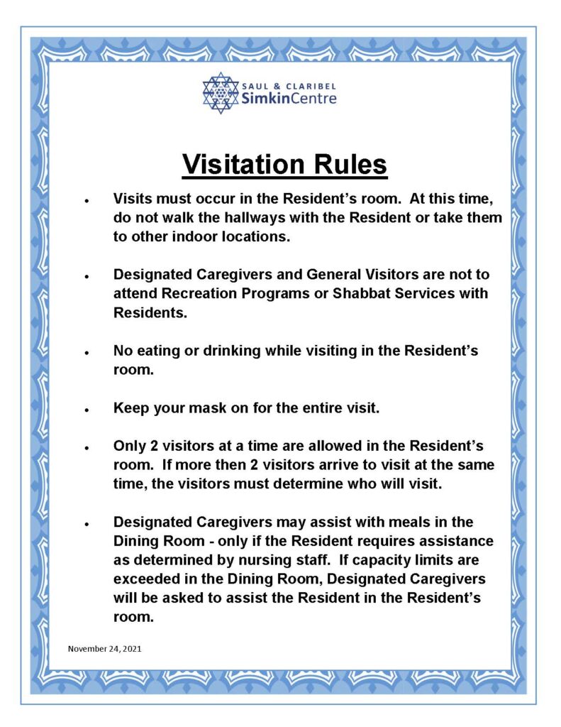 The Saul & Claribel Simkin Centre » Visitation Rules – November 24 ...