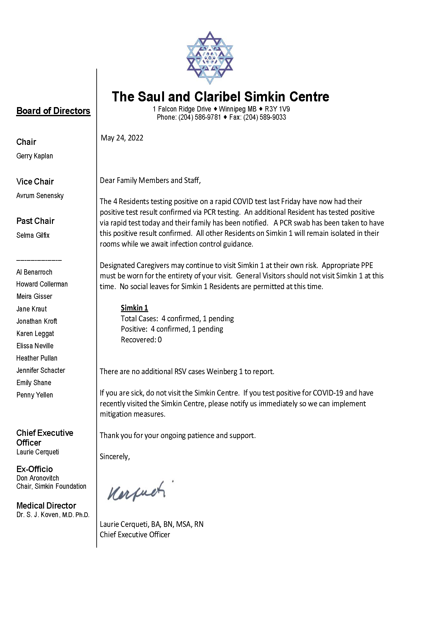 The Saul Claribel Simkin Centre Outbreak Update May 24 2022 the-saul-claribel-simkin-centre-outbreak-update-may-24-2022